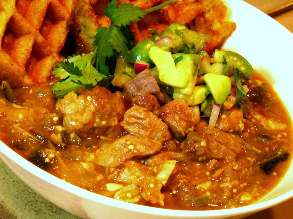Chili Verde with Cornbread Waffle and avocado-tomatillo salsa | Chef ...